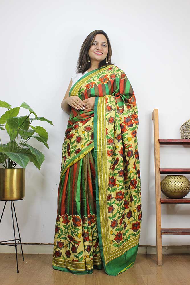 Multicolor Hand Painted Bangalore Silk Saree With Kantha Work ...