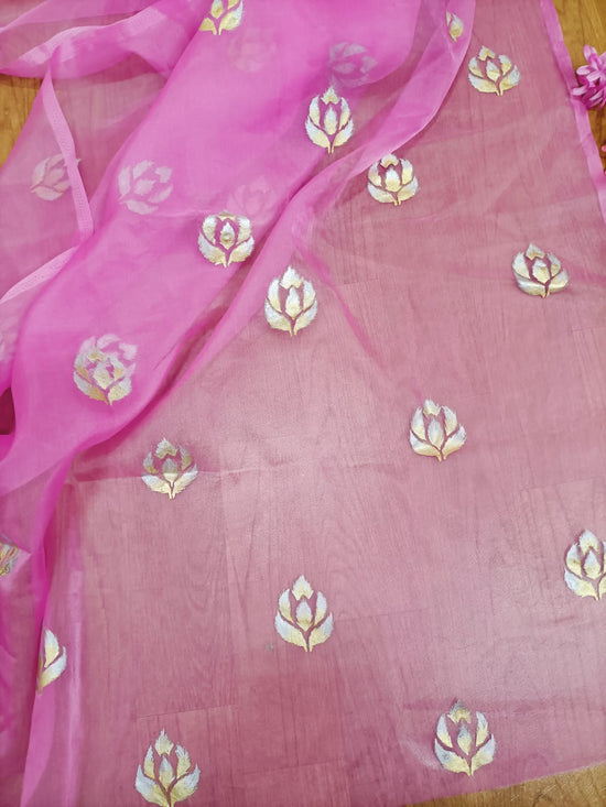 Stunning Pink Hand Painted Organza Silk Banarasi Boota Fabric (1 Mtr)