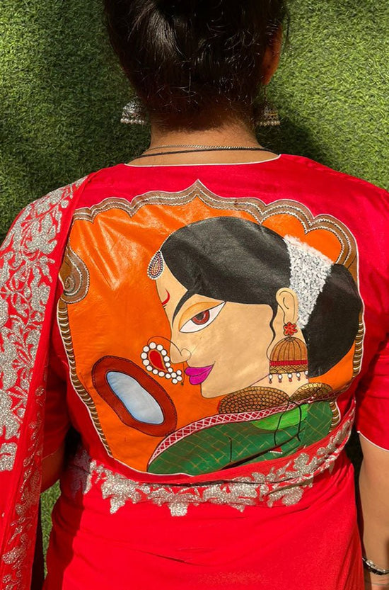 Red Hand Painted Pure Silk V Neck Non Padded Stitched Blouse