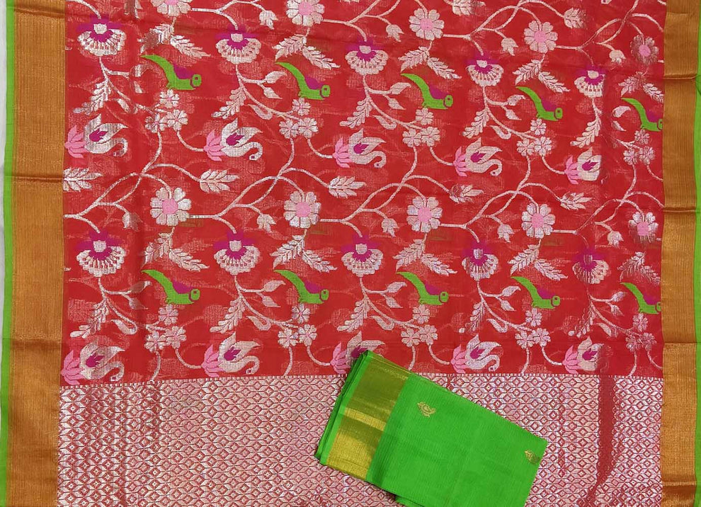 Red Handloom Kota Doria Real Zari Parrot And Floral design Saree ...