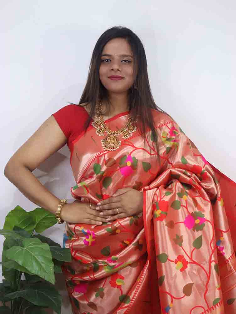 Red Paithani Brocade Silk Bird And Flower Design Saree - Luxurionworld