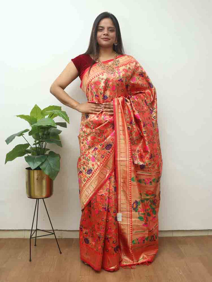 Red Paithani Brocade Silk Flower Design Saree - Luxurionworld