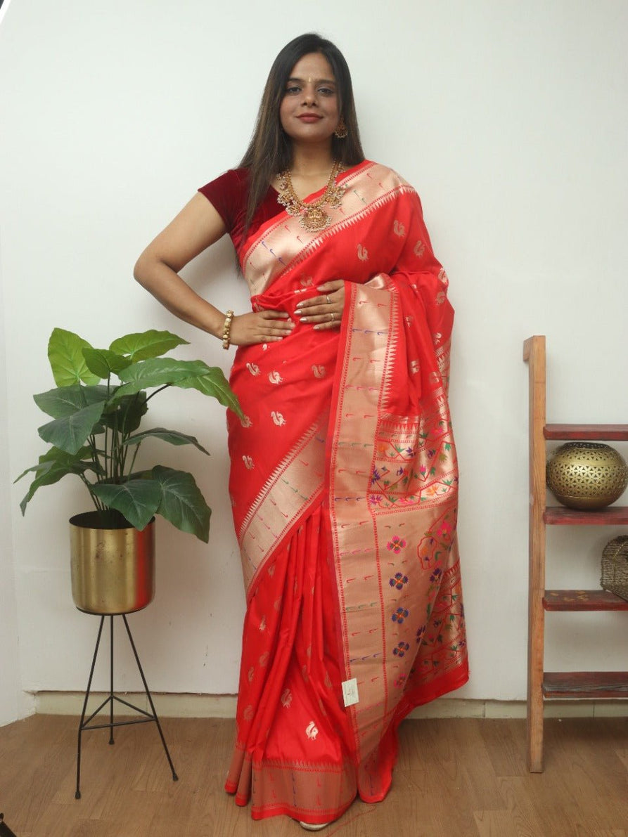 Red Paithani Brocade Silk Flower Design Saree - Luxurionworld