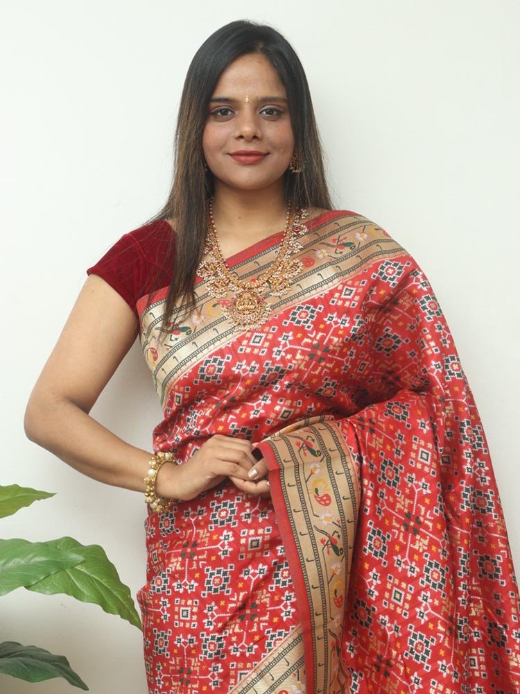 Stunning Red Paithani Patola Silk Saree with Bird Design