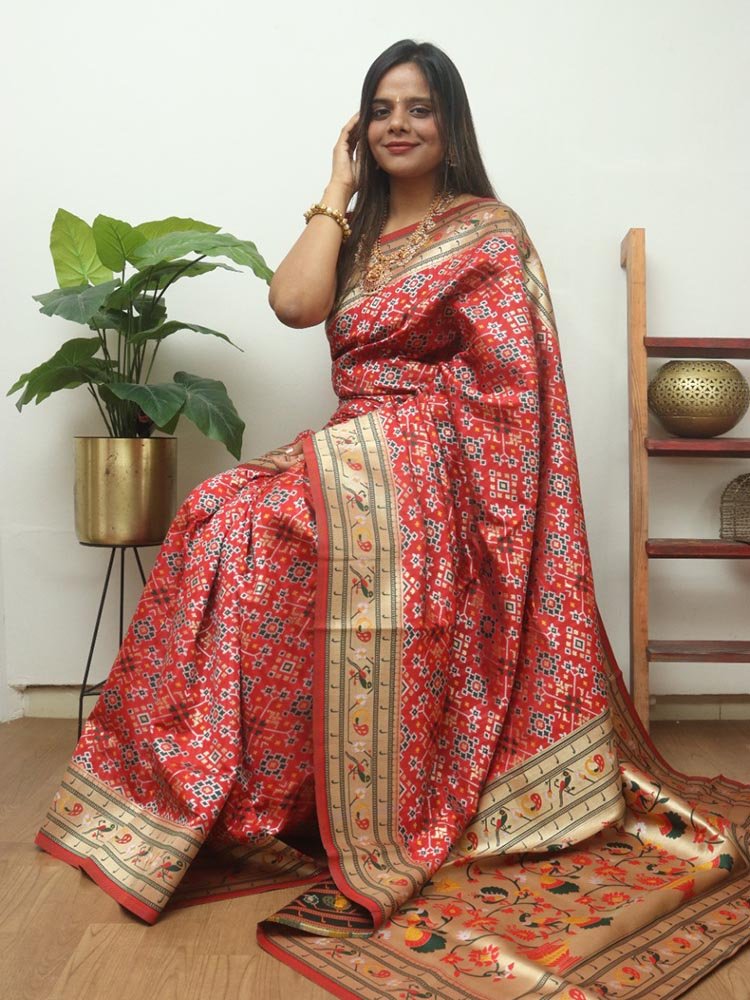 Stunning Red Paithani Patola Silk Saree with Bird Design
