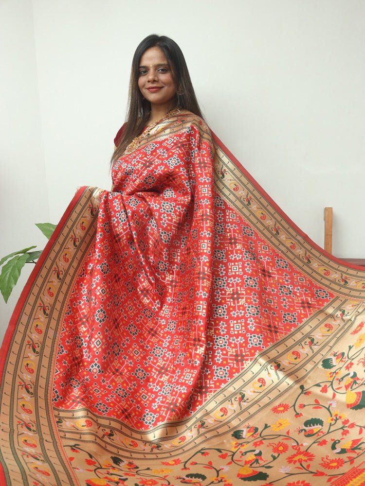 Stunning Red Paithani Patola Silk Saree with Bird Design