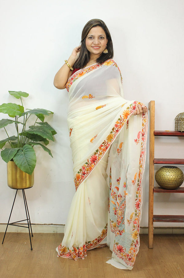 White Embroidered Kashmiri Aari Work Georgette Saree